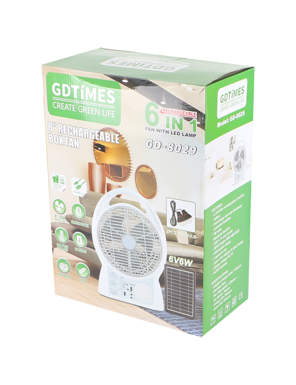 GD-8029 - RECHARGEABLE BOX FAN 5V USB OUTPUT WITH SOLAR PANEL 6W